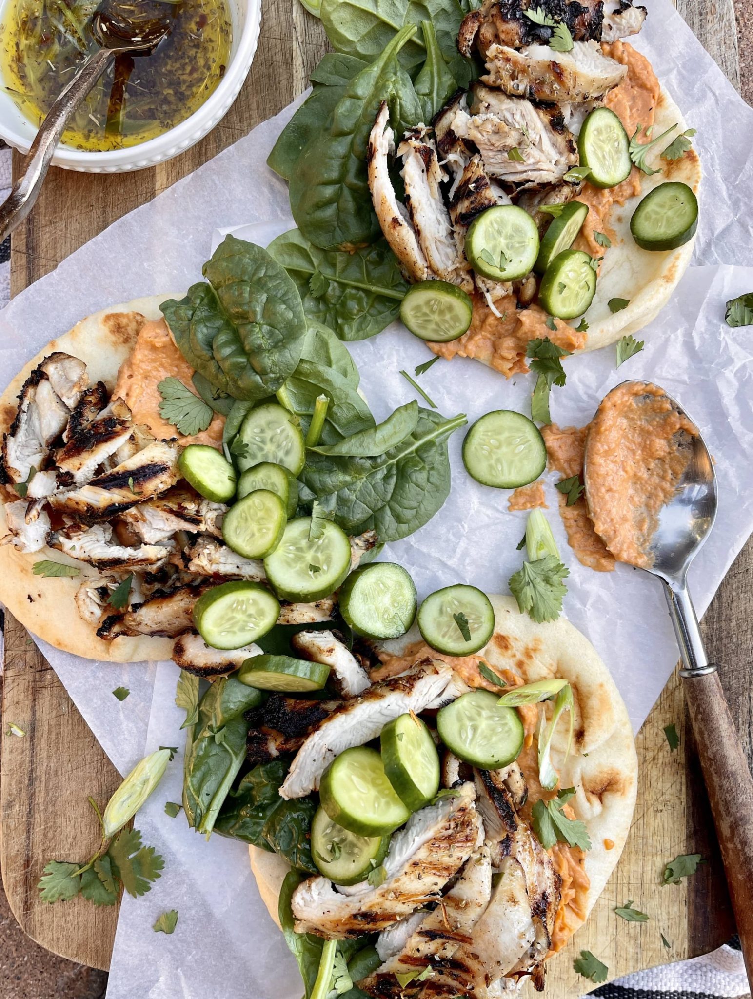 Herb Oil Chicken Naan Wraps with Sun-Dried Tomato Hummus - White ...